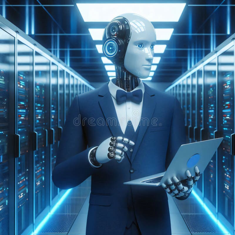 3D Render of a Robot in a Formal Suit Working Stock Illustration ...