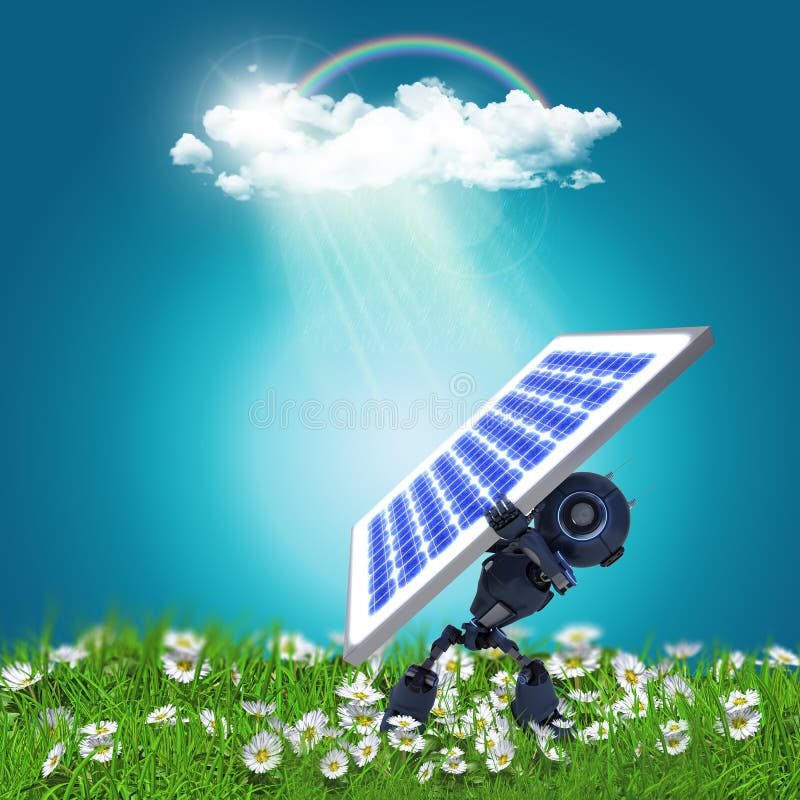 Robot with solar panel stock illustration. Illustration of futuristic ...