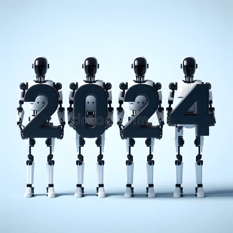 3d Render of Robot Team with 2024 New Year Text on Blue Background ...