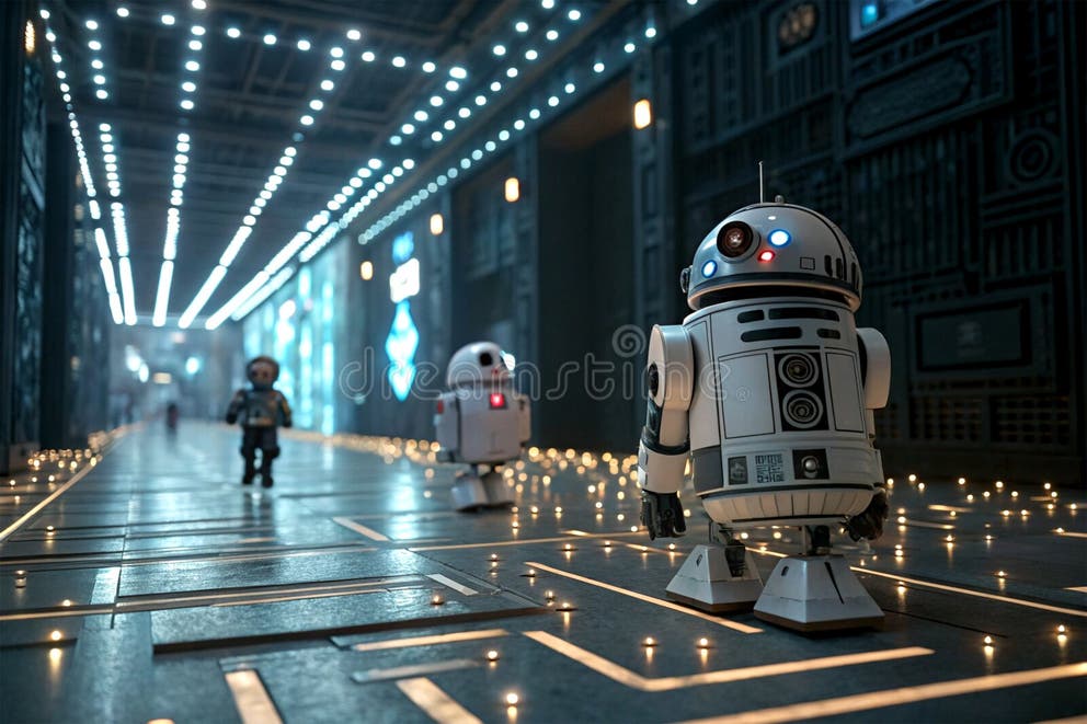 3D Render of Robots in a Labyrinth of Light Stock Illustration ...