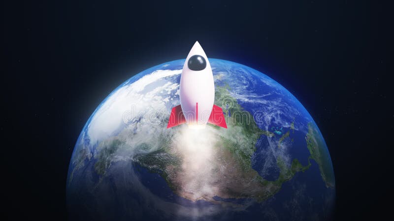 3D Render Rocket Jet Fly and Big Blue Earth Planet Background on Galaxy ...