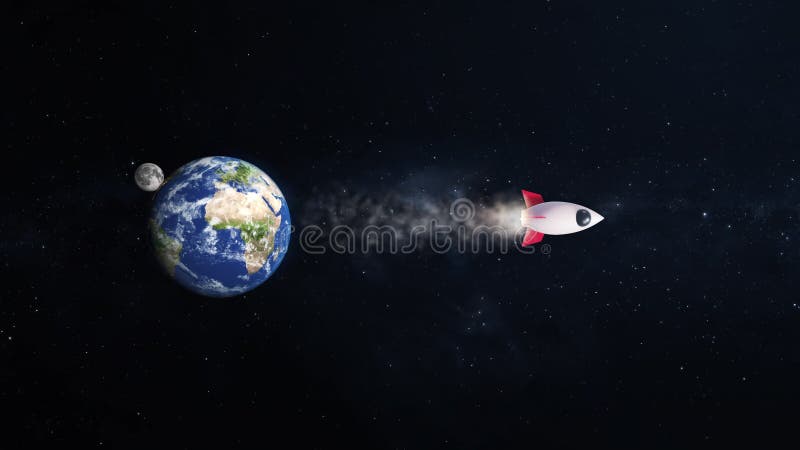 3D Render Rocket Jet Fly from Earth World Planet and Moon on Galaxy ...