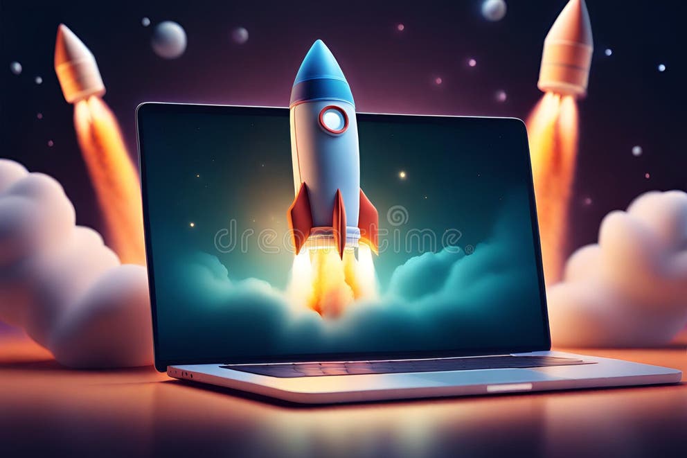 3d Render Rocket Launch on Computer Laptop. New Business Start-up Ideas ...