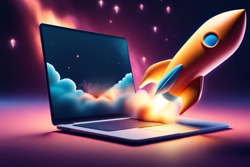 3d Render Rocket Launch on Computer Laptop. New Business Start-up Ideas ...