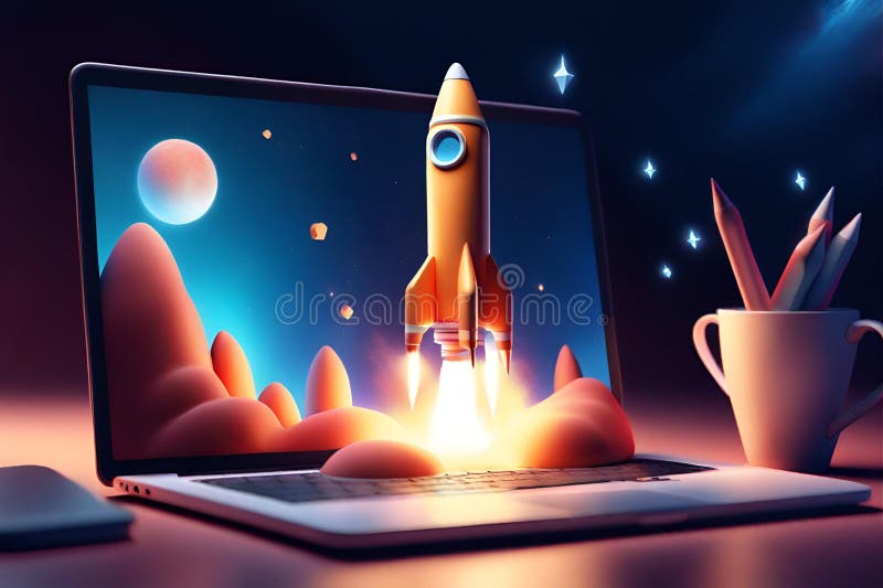 3d Render Rocket Launch on Computer Laptop. New Business Start-up Ideas ...