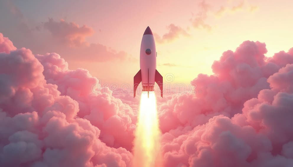 3D Render of Rocket Launch through Pink Clouds Against Sunset Sky ...