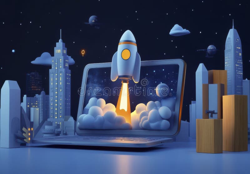3D Render of Rocket Launching from Laptop Screen at Night Stock ...