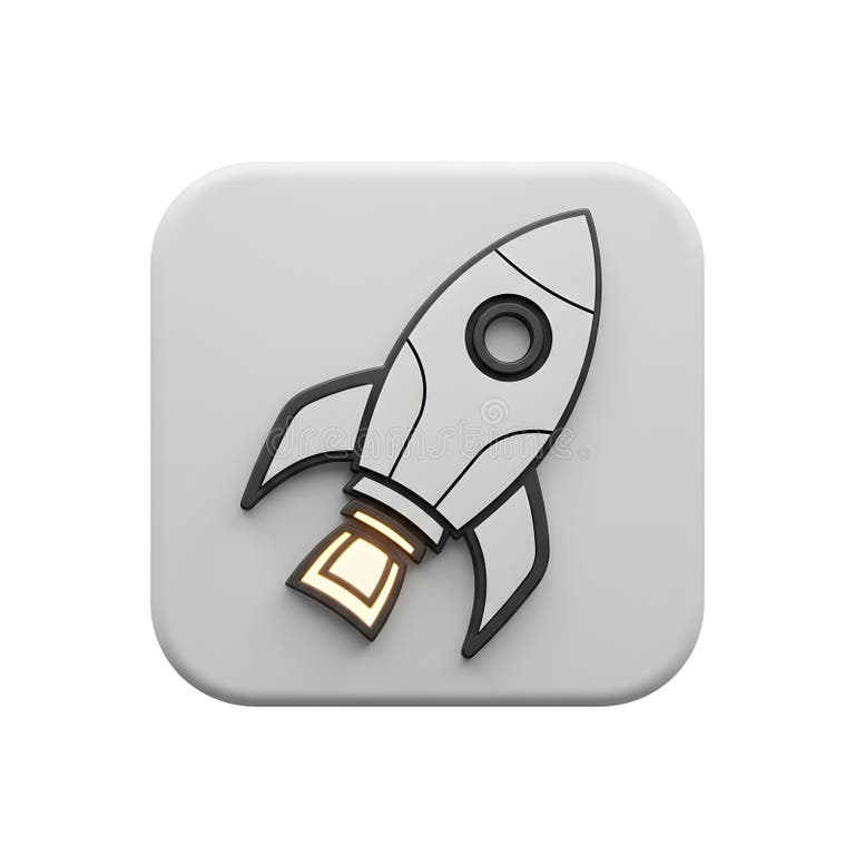 3D Render of a Rocket Ship Icon on a Square App Button, Launching into ...