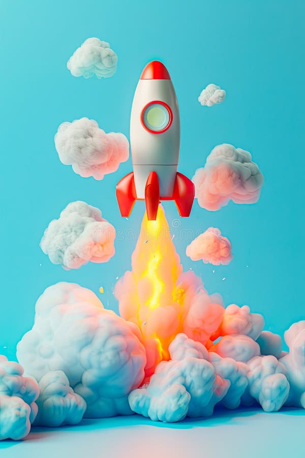 3d Render of a Rocket Taking Off Producing Fire and Smoke on Blue ...