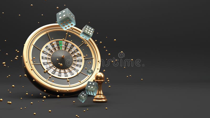 3D Render Roulette Wheel with Dices, Golden Pawn Chess, Tiny Balls ...