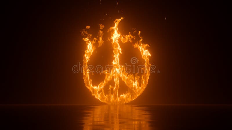 3d Render, Round Peace Symbol on Fire, Blazing Pacific Emblem, Orange ...