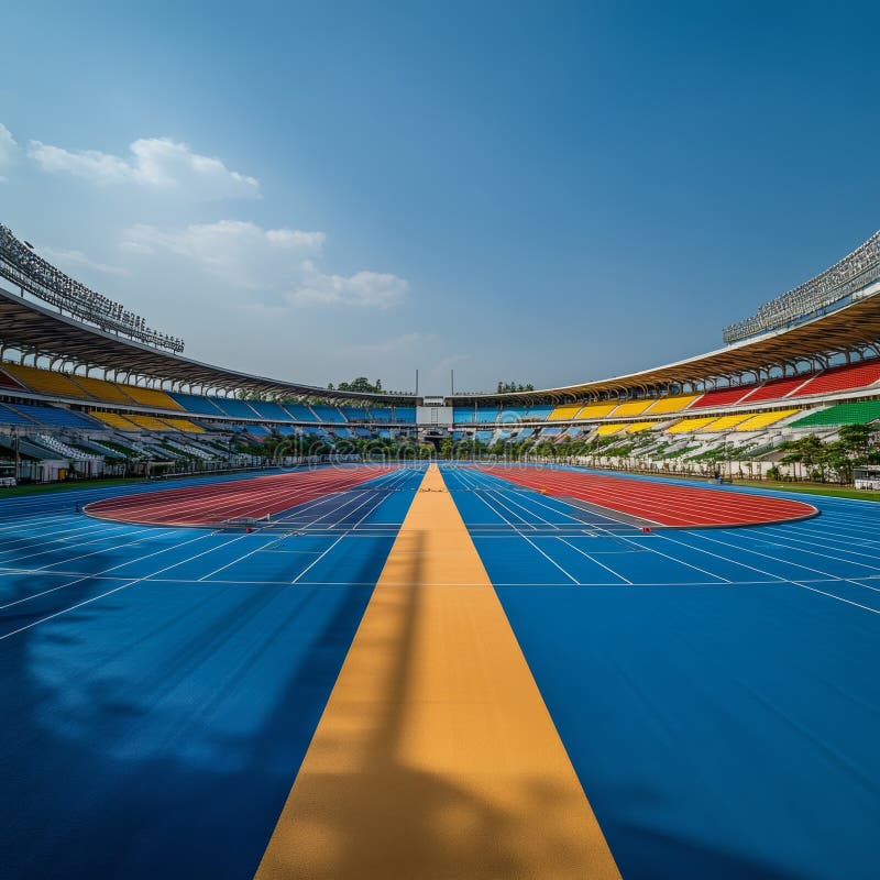 3D Render of a Running Track and Stadium with Blue Sky Background Stock ...