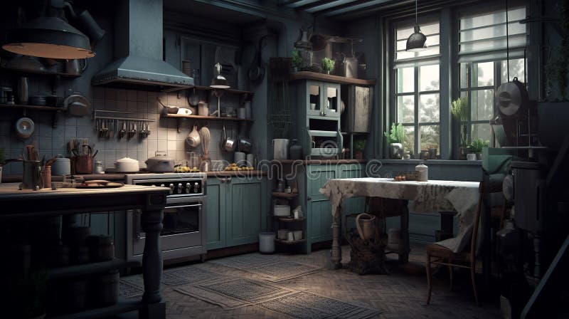 3d Render of a Rustic Kitchen in an Old Farmhouse. Kitchen Interior in ...