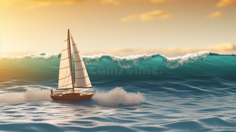 3d Render of Sailboat on the Sea with Waves at Sunset Generative Ai ...