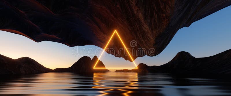 3d Render, Seascape with Cliffs, Water Reflections and Yellow Neon ...