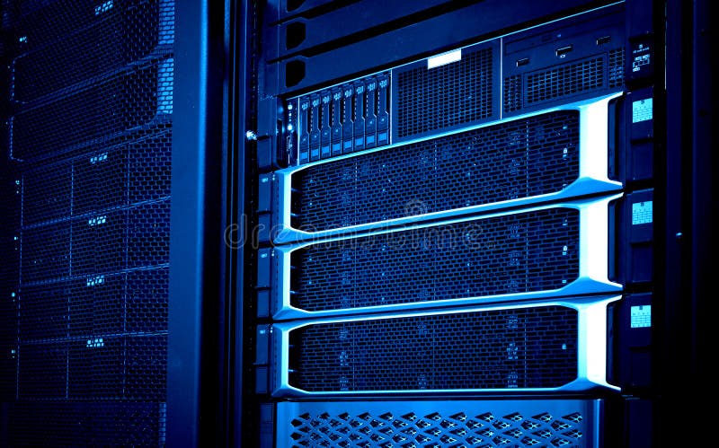 3D Render Server Close-up with Disk Storage, Futuristic Blue Color, the ...