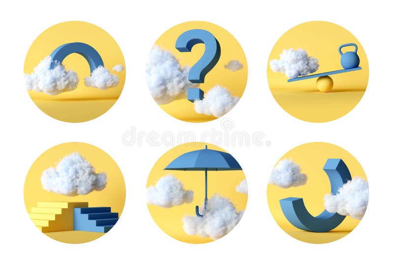 3d Render, Set of Assorted Yellow Round Stickers with White Clouds and ...