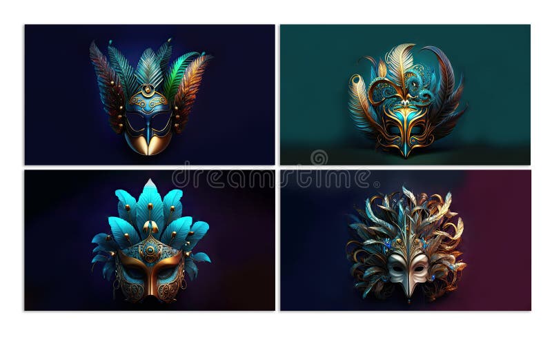 3D Render, Set of Attractive Carnival Mask with Feathers on Dark ...