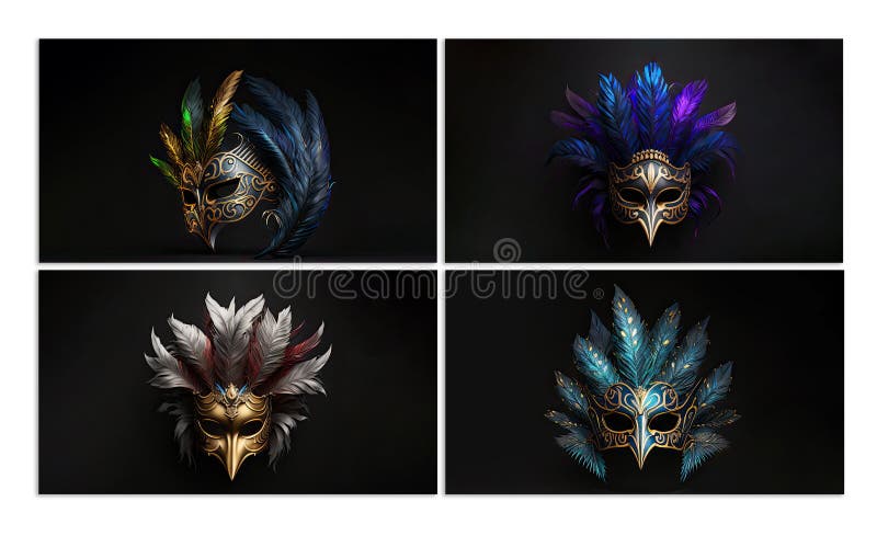 3D Render, Set of Attractive Carnival Mask or Masquerade Ball on Black ...