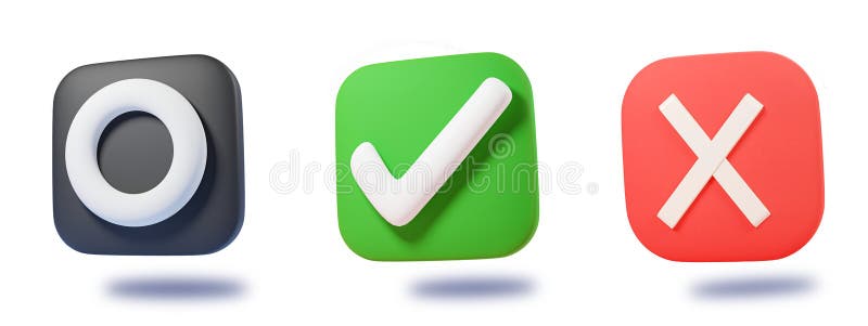3d Render Set of Correct, Cross and O Sign, Check Mark Isolated on ...