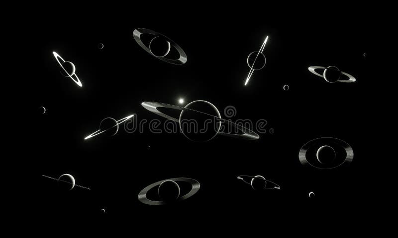 3d Render. Set of Many Luminous Planets with Rings in the Outer Space ...
