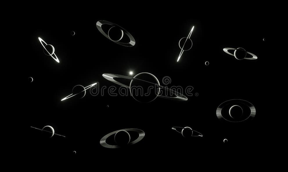 3d Render. Set of Many Luminous Planets with Rings in the Outer Space ...