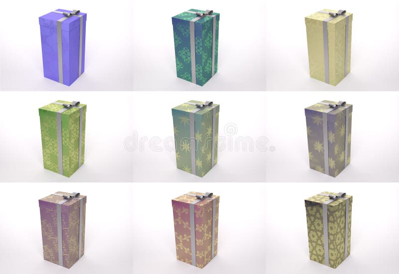 3D Render : a Set of Nine Present Boxes with the Different Wrap Texture ...