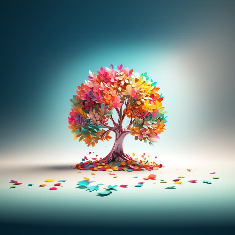 3D Render Sharp All Around Tree with Colorful Leaves Stock Illustration ...