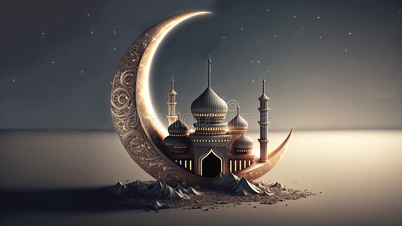 3D Render of Shiny Exquisite Crescent Moon with Carved Mosque on Night ...