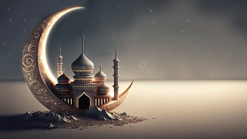 3D Render of Shiny Exquisite Crescent Moon with Carved Mosque on Night ...