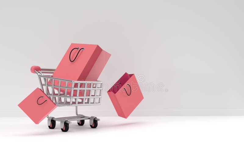 3D Render Shopping Cart with Shopping Bag Icon Illustration Design ...