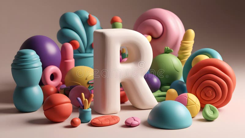 3D Render of the Letter R with Playful, Colorful Objects in a CGI Clay ...