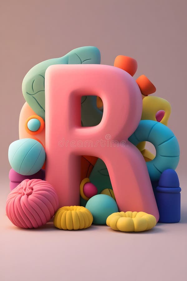 3D Render of the Letter R with Playful, Colorful Objects in a CGI Clay ...