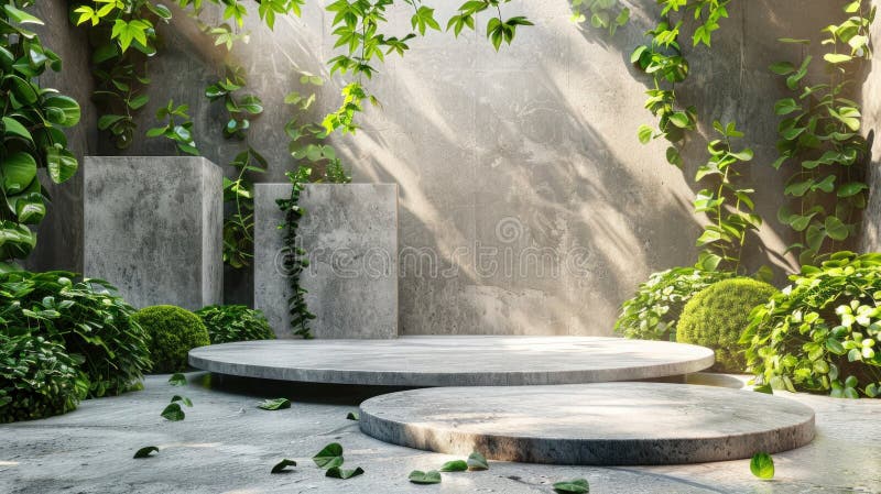 Nature-Inspired Product Display with Green Leaves, Stone Slabs, and ...