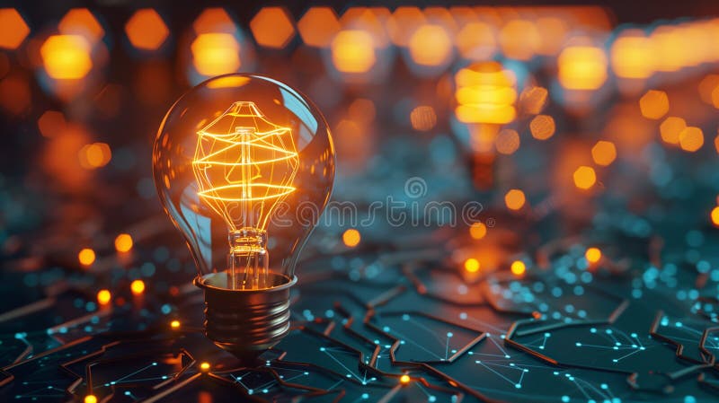 3D Render Showcasing the Concept of Digital Networks and Light Bulbs ...