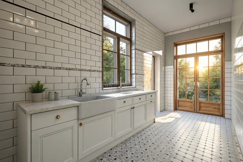 3D Render of Kitchen and Bathroom with White Tiles and Sunlight Stock ...