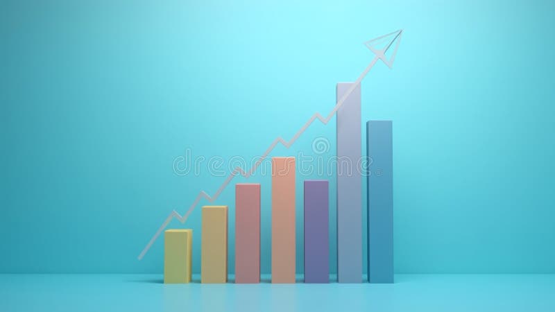 Multicolor Bar Graph with Ascending Arrow on Blue Background Stock ...