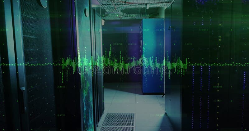 3D Render Showing Server Racks Framing Aisle with Digital Waveform Overlay and Numeric Data ...