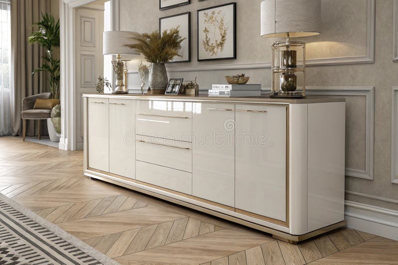 3D Render of Sideboard Wall Panel with Flooring Interior Decoration ...