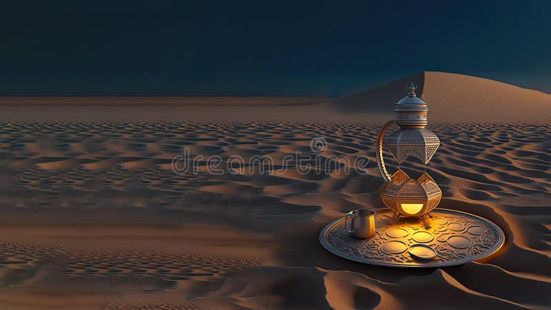 3D Render of Silver Arabic Jug with Cup on Plate Against Sand Dune ...