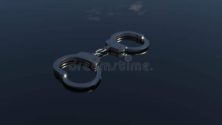 3D Render - Silver Handcuffs Lie on a Black Mirror Surface Stock ...