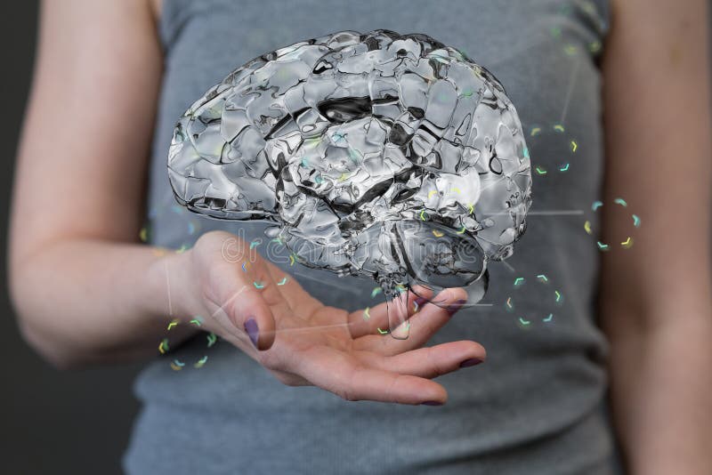 3D Render of a Silver Human Brain with Plexus Lines Around it and a ...