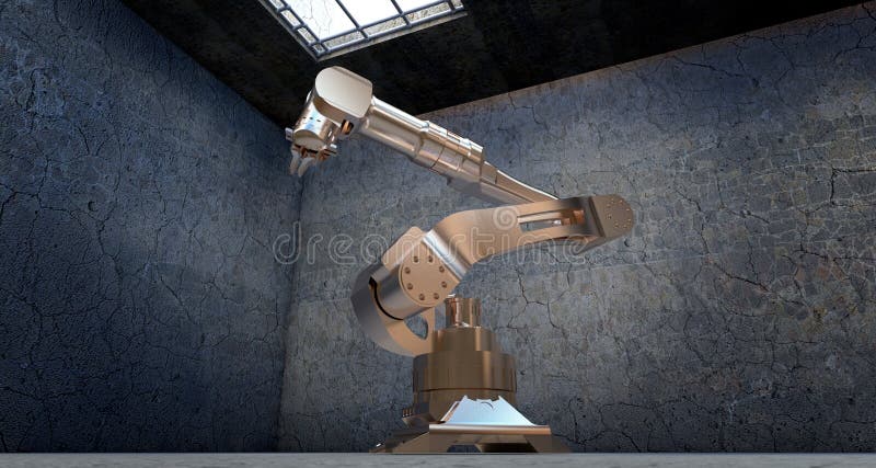 3d Render of a Silver Robotic Arm Inside a Cement Room with a Skylight ...
