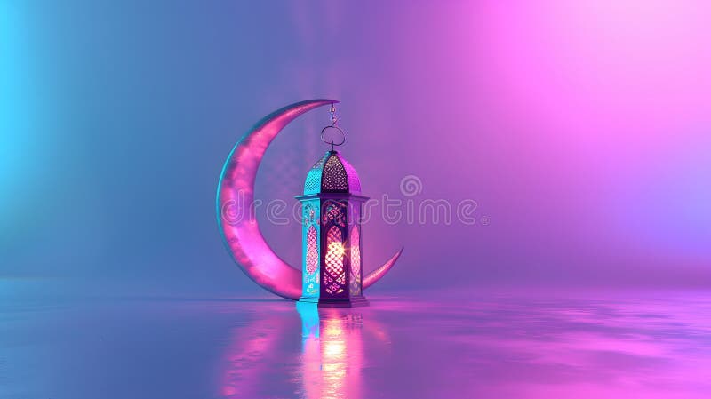 3d Render of Simple Islamic Crescent Moon with Lantern Hanging on it ...