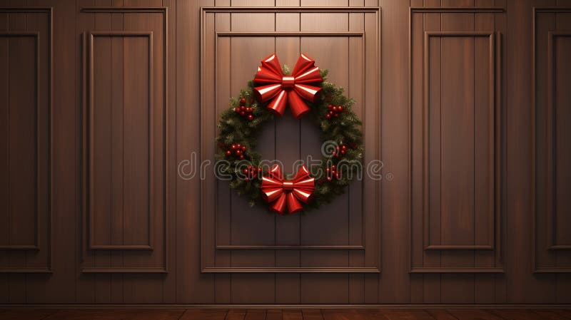 3D Render Simple Wreath with a Red Bow Hanging, Christmas Wreath ...