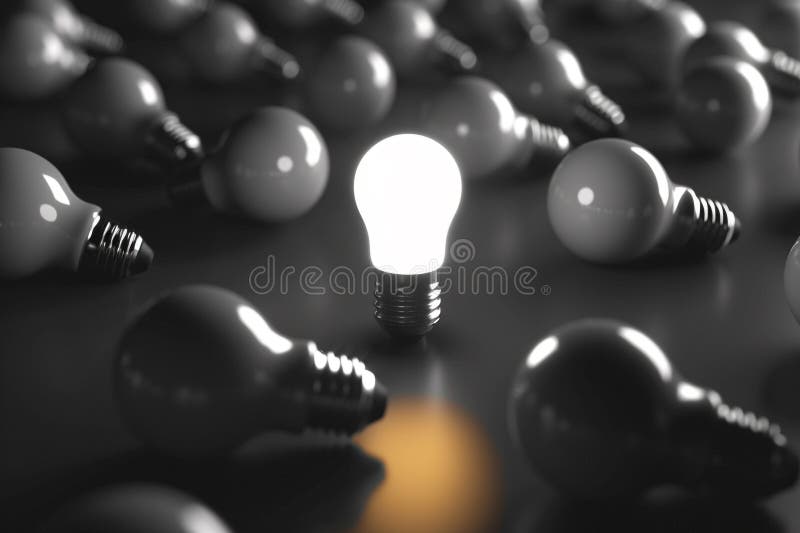 3D Render of a Single Bright Lightbulb among Dim Ones, Illustrating the ...