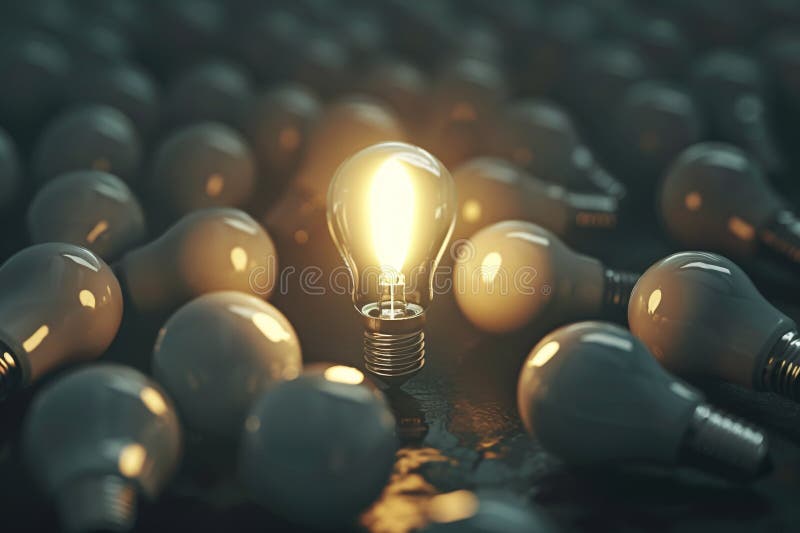 3D Render of a Single Bright Lightbulb among Dim Ones Illustrating the ...