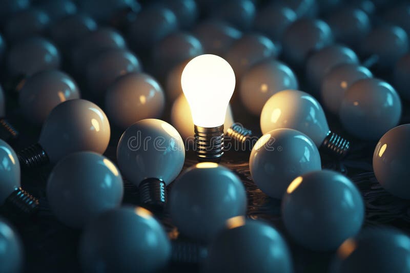 3D Render of a Single Bright Lightbulb among Dim Ones Illustrating the ...