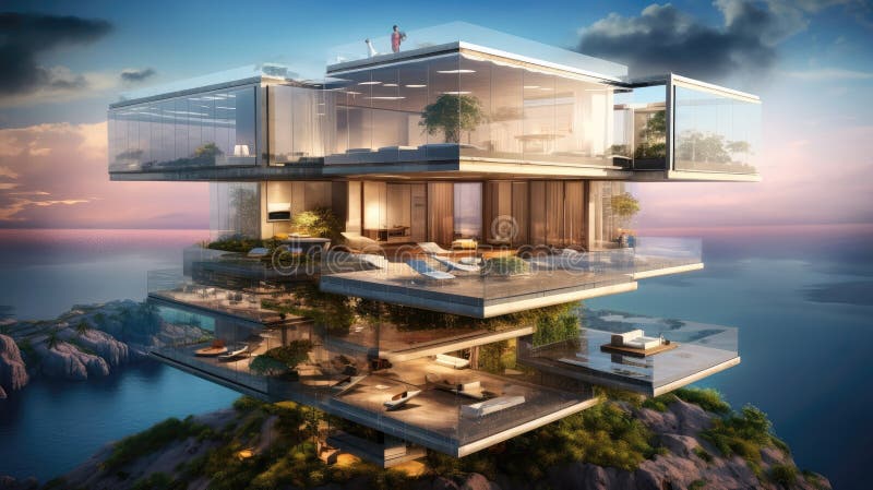 3D Render Skyhigh Aerial Villa with Transparent Floors. Generative AI ...