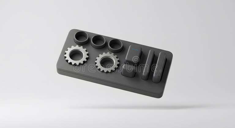 3D Render of a Sleek Grey Control Panel with Gears and Buttons ...